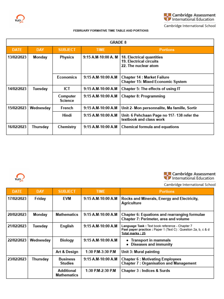 Grade8 FATimetable | PDF