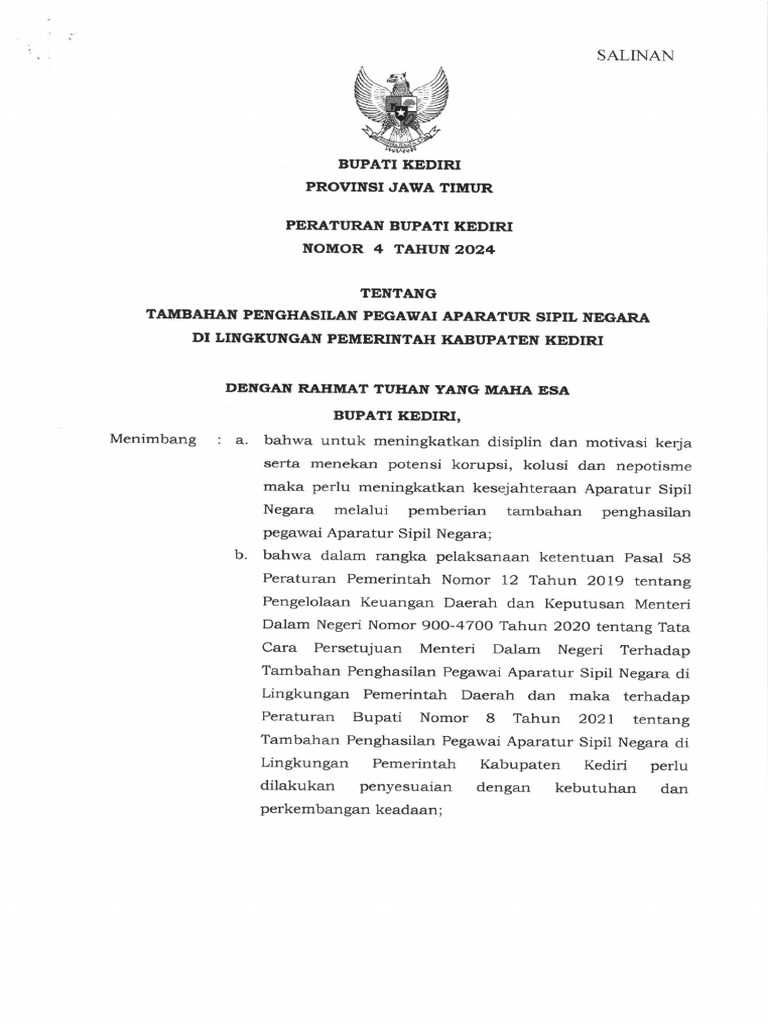 Peraturan Bupati Nomor 4 Tahun 2024 Tentang Tambahan Penghasilan Pegawai Aparatur Sipil Negara ...
