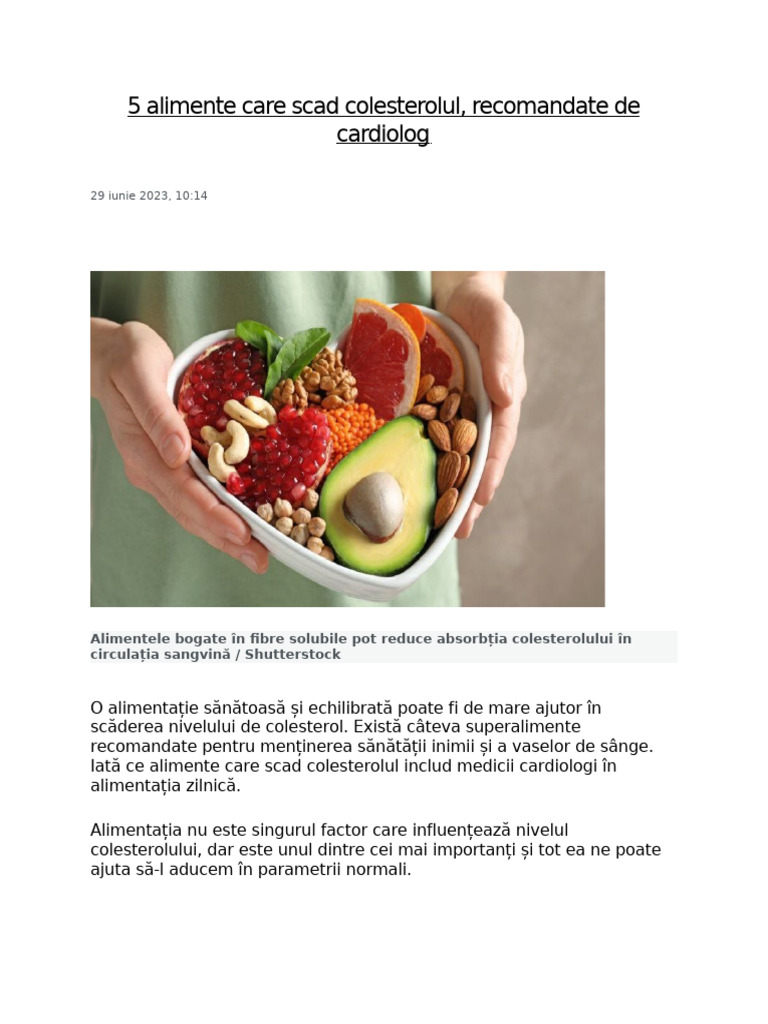 5 Alimente Care Scad Colesterolul, Recomandate de Cardiolog | PDF