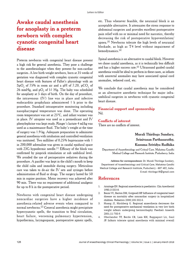 Awake Caudal Anesthesia Newborn With CHD | PDF