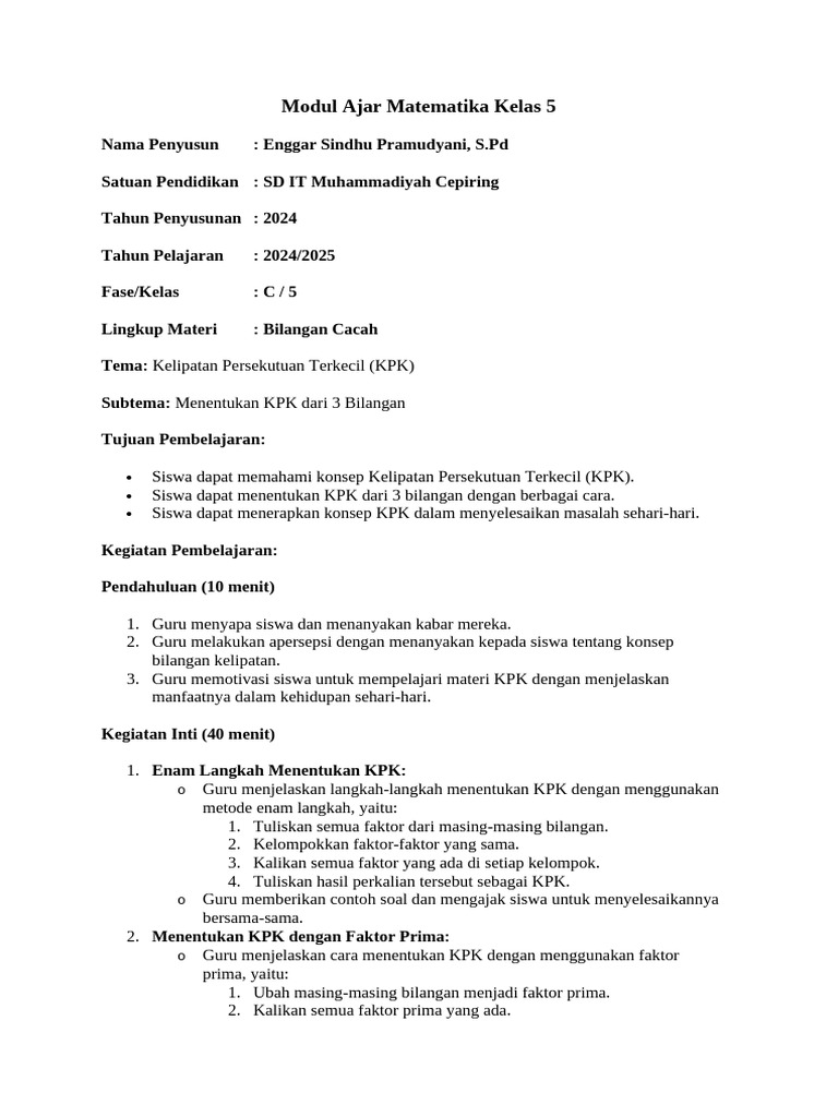 Modul Ajar Matematika Kelas 5 | PDF