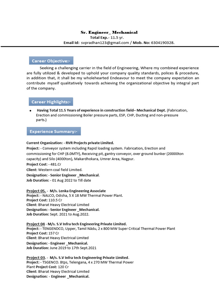 NIHAR RANJAN PRADHAN - CV (Sr. Engineer - Mech.) | PDF