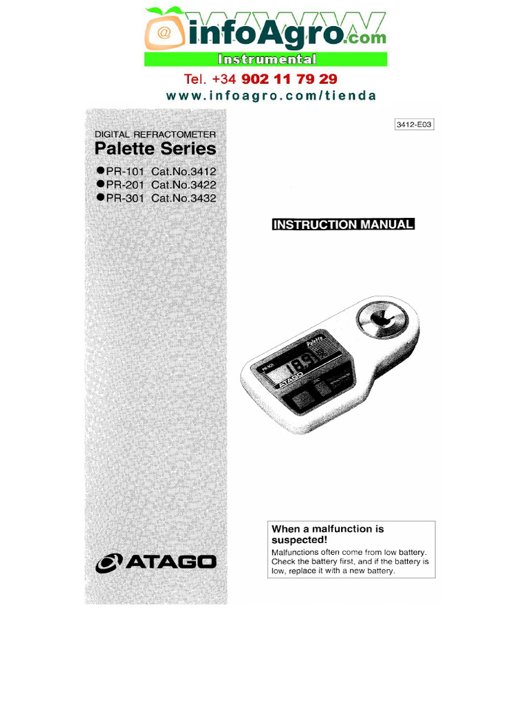 Instrucciones Refractometro Digital Palette Series Atago PR 101 201 301 | PDF