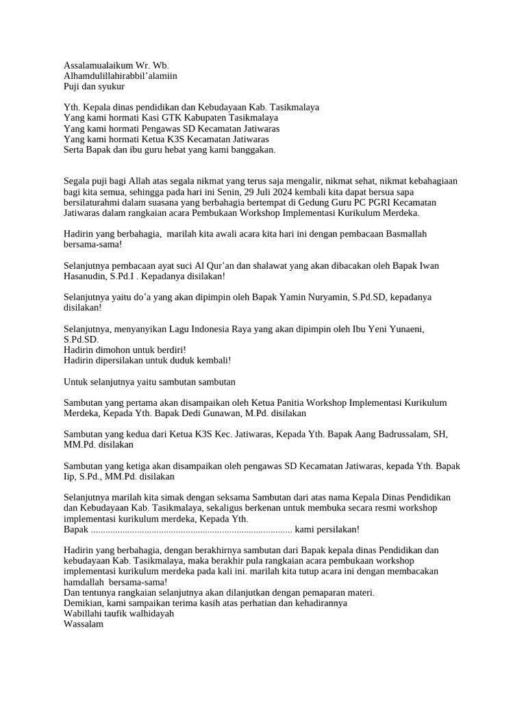Teks MC Pembukaan Workshop Implementasi Kurikulum Merdeka | PDF
