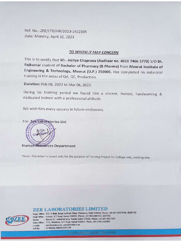 Aditya Industrial Training Certificate | PDF