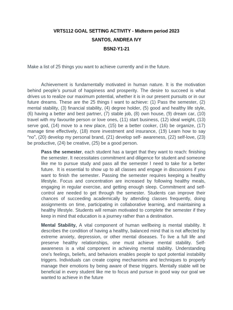 VRTS112 Goal Setting Activity Midterm | PDF