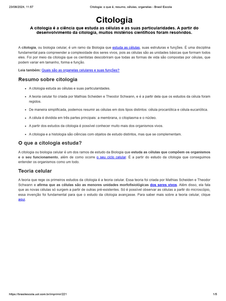 Enem Citologia - o Que É, Resumo, Células, Organelas | PDF