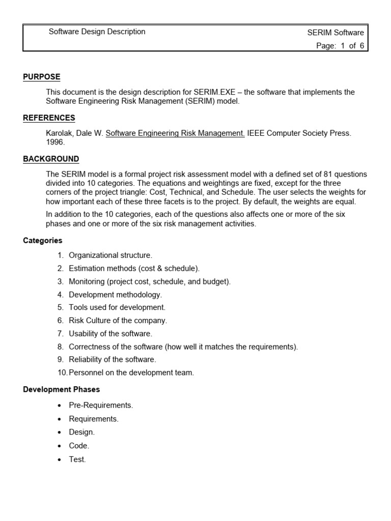 PURPOSE This Document Is The Design Description For SERIM - EXE The ...