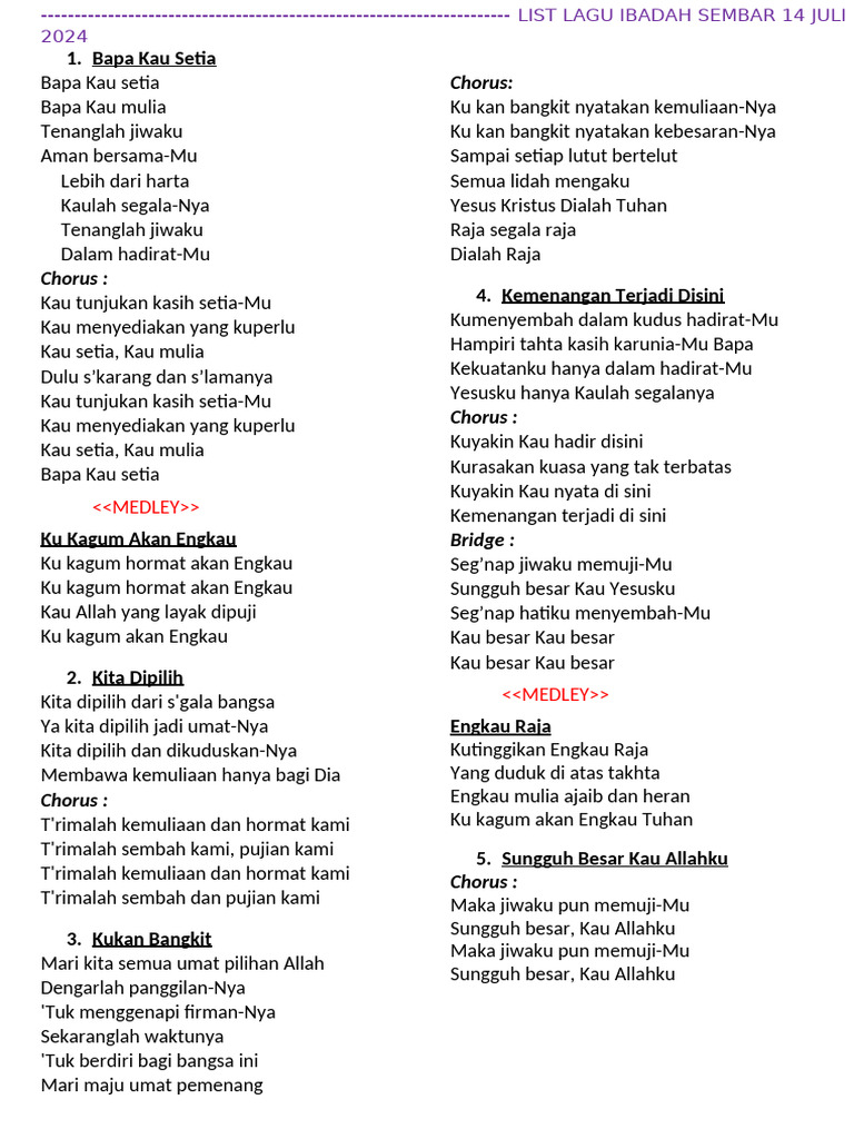 List Lagu Ibadah Sembar 14 Juli 2024 | PDF