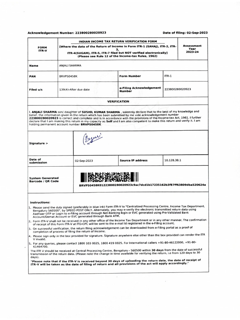 Acknowledgement ITR AY 2023-24 | PDF