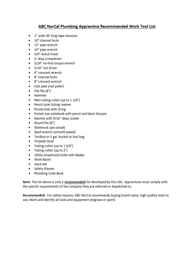 Plumbing Tool List Job-Site - Rev. 09.2015 | PDF