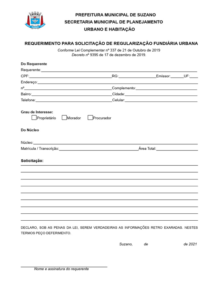 Requerimento para Solicitação de Regularização Fundiária Urbana | PDF