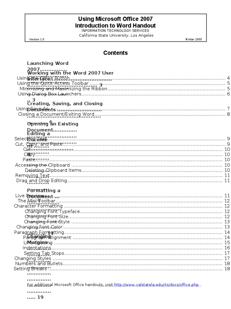 Using Microsoft Office 2007 Introduction To Word Handout: I T S ...
