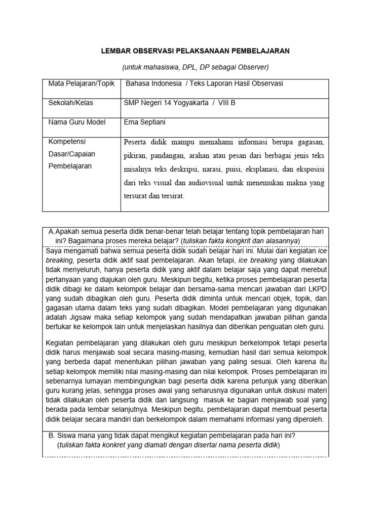 Lampiran 5. LK 4 Format Lembar Observasi Pelaksanaan Pembelajaran Untuk Observer | PDF