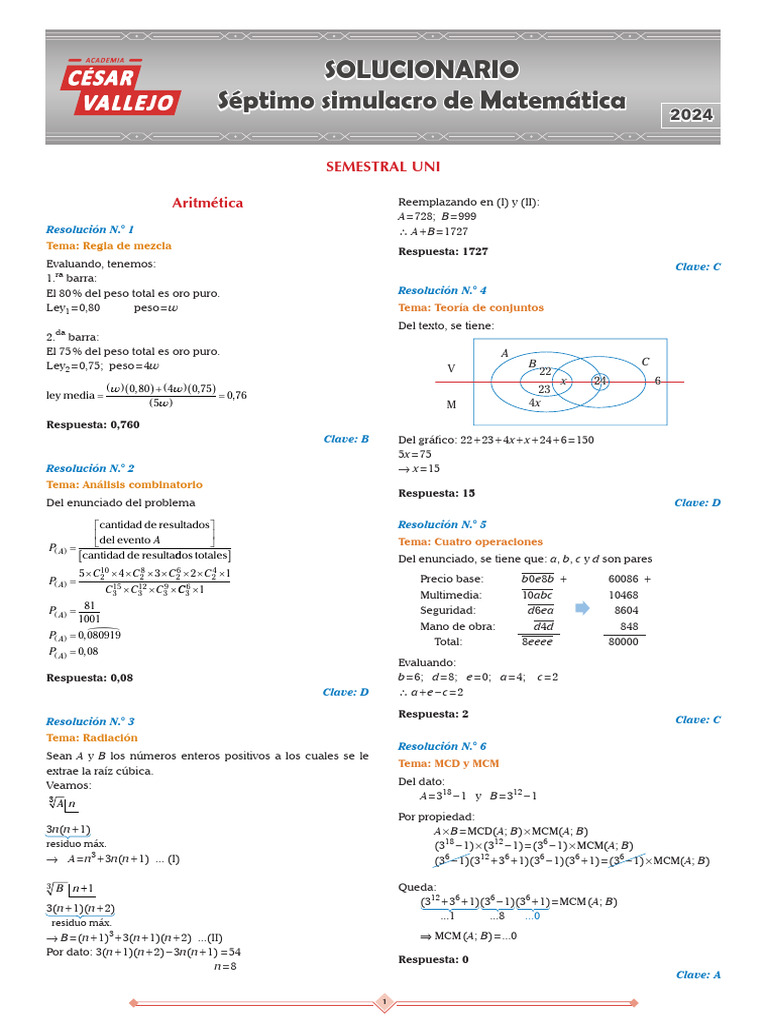 Solucionario Sséptimo Simulacro de Matemática Éptimo Simulacro de Matemática | PDF