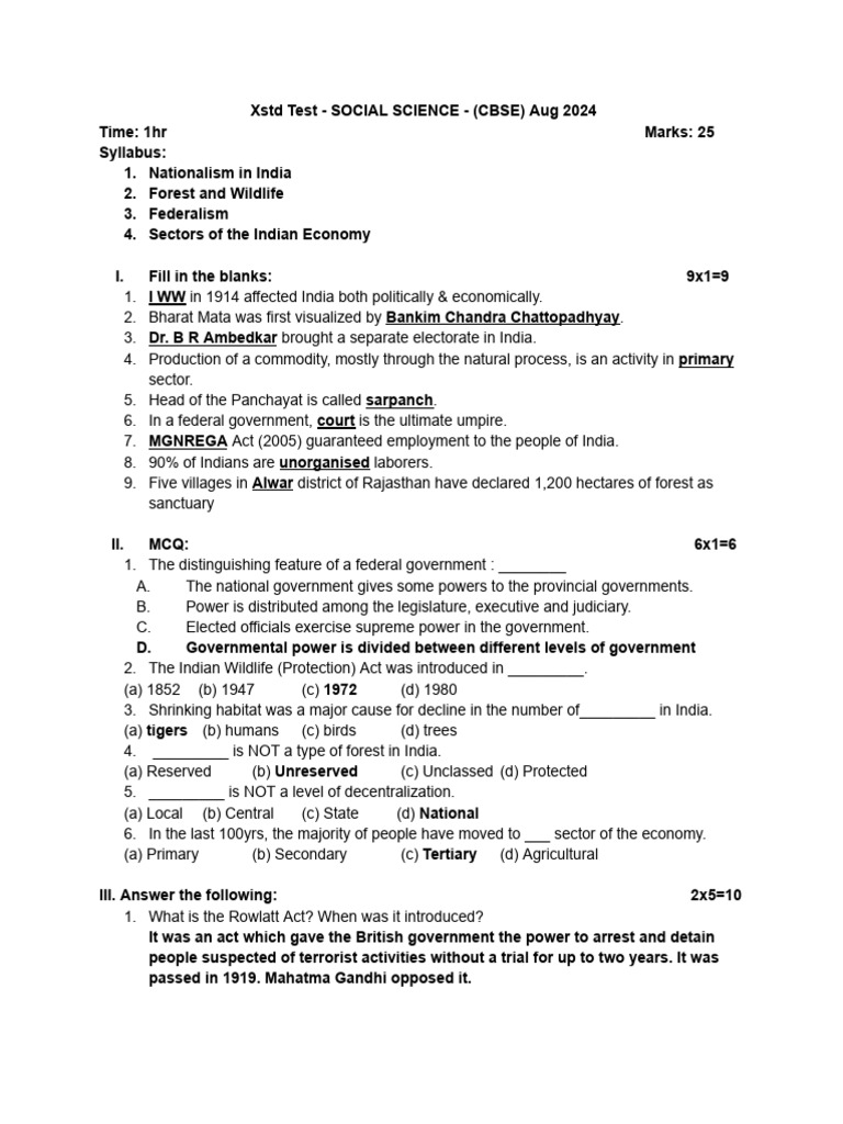 Key For X Social Test Aug 2024 (CBSE) | PDF