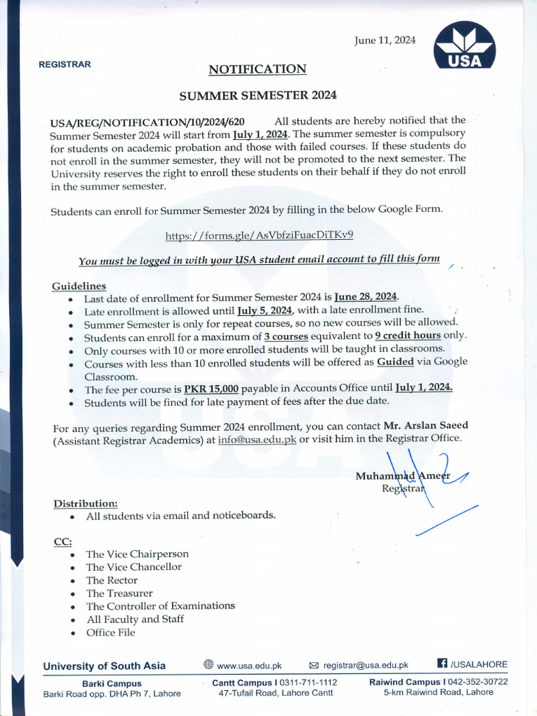 Notification Summer Semester 2024 | PDF