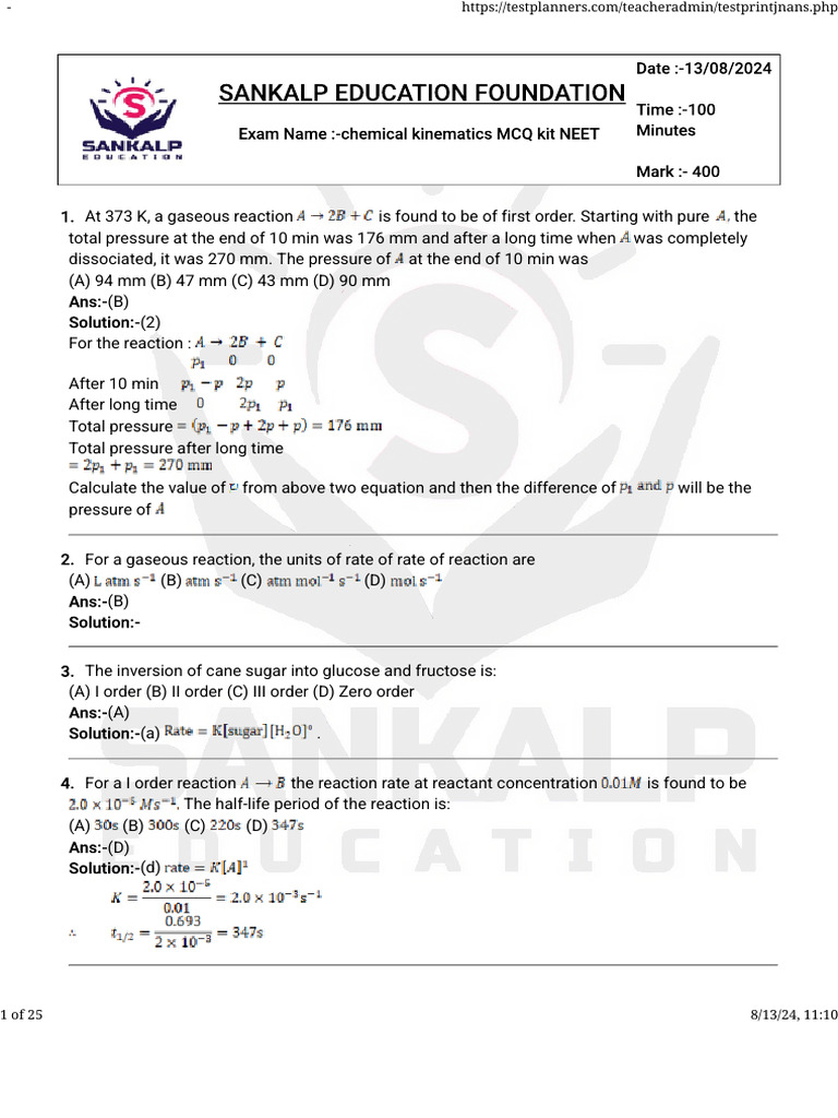 Chemical Kinematics MCQ Kit NEET | PDF Chemical Kinematics MCQ Kit NEET | PDF