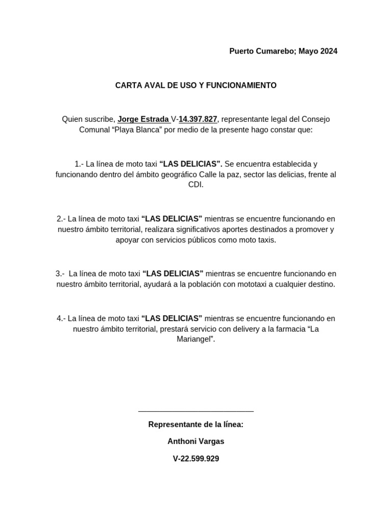 Carata Aval Uso y Funcionamiento Las Delicias | PDF