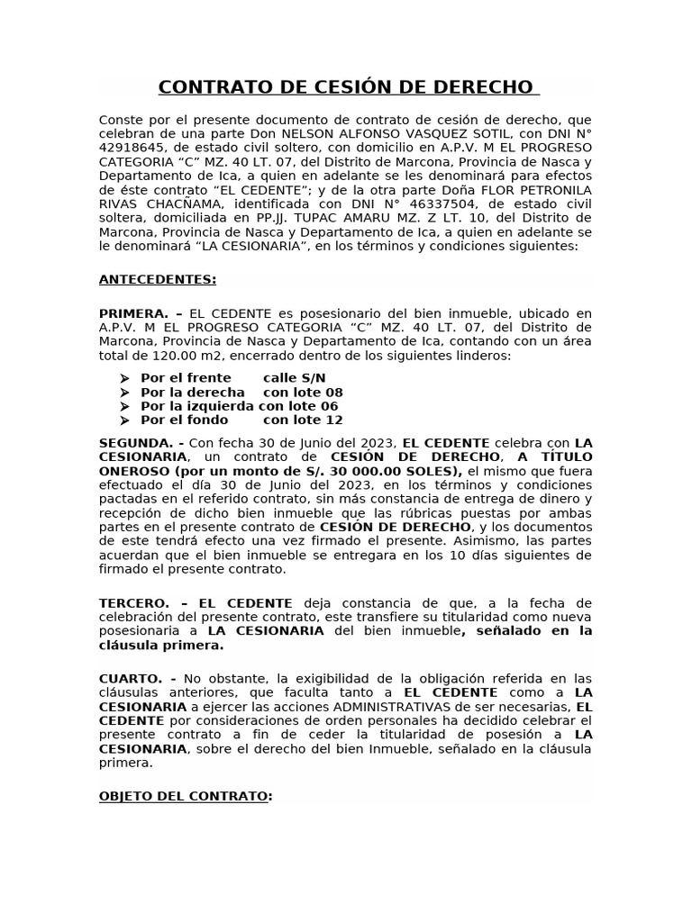 Contrato de Cesión de Derecho | PDF