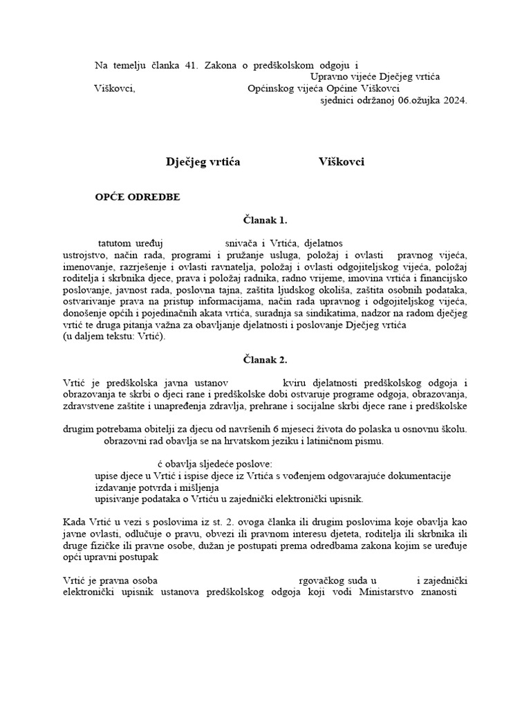 Statut Djecji Vrtic MILO DIJETE | PDF