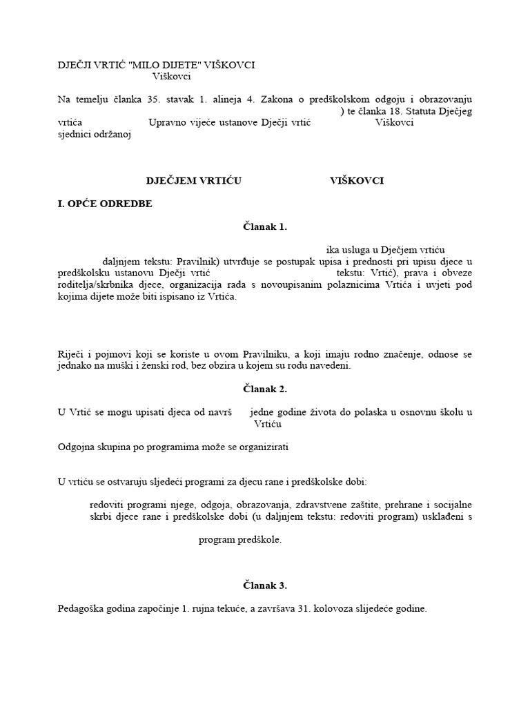 Pravilnik o Upisu Djece U Djecji Vrtic Milo Dijete | PDF