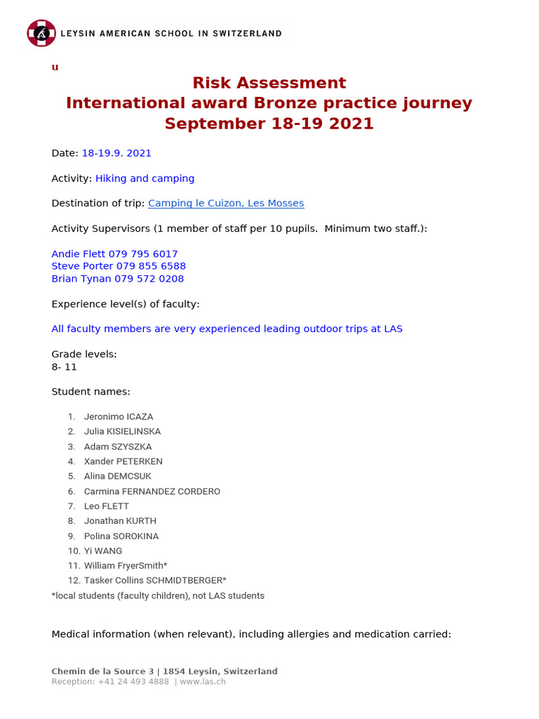 International Award Bronze Practice Journey - Risk Assessment Alpine Institute - 2021 | PDF