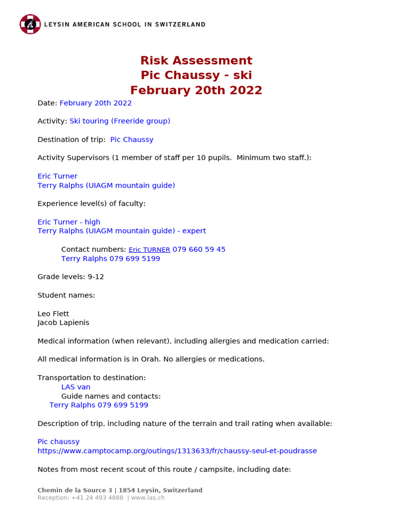 Risk Assessment Alpine Institute - Pic Chaussy Ski | PDF