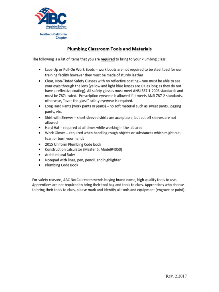 Plumbing Tool List Classroom - Rev. 7.2020 | PDF