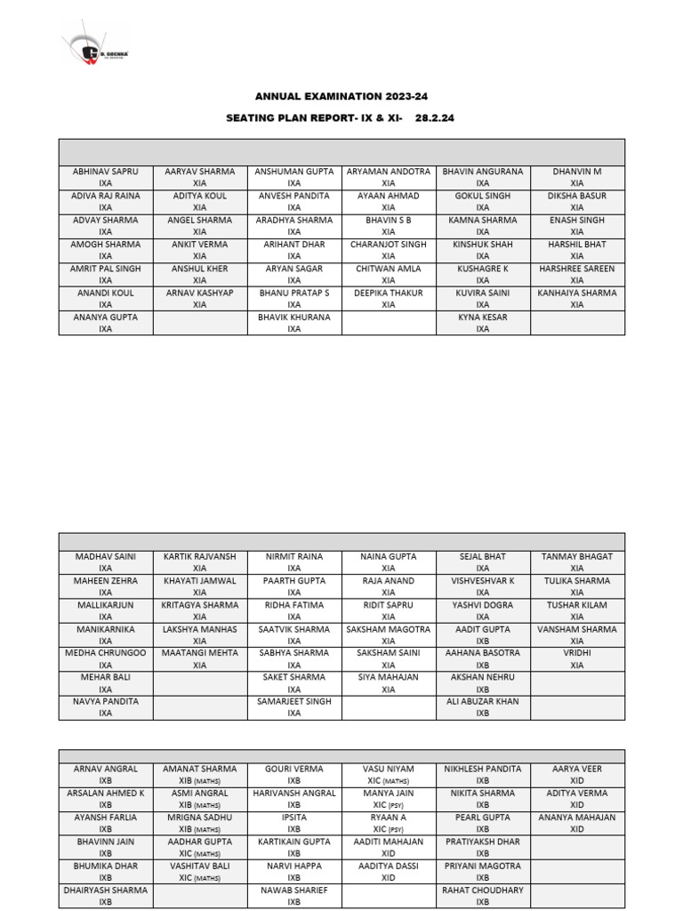 28.2.24-Annual Exam Seating Plan-Ix & Xi | PDF