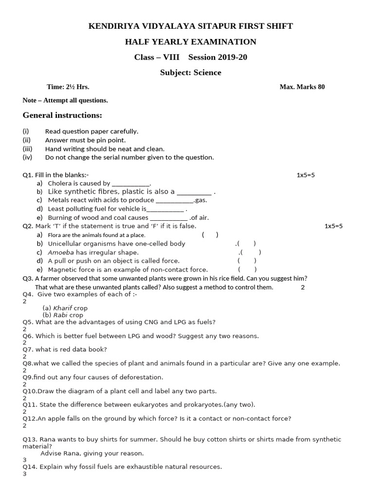 Class VIII Science Half Yearly 2019 20 | PDF | Materials