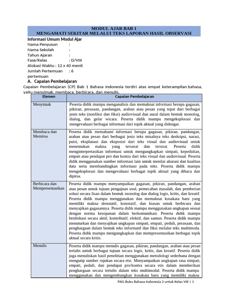 7.1 Modul Ajar Bab 1 - Bahasa Indonesia SMP Kelas VIII | PDF | Seni & Disiplin Bahasa | Sains ...