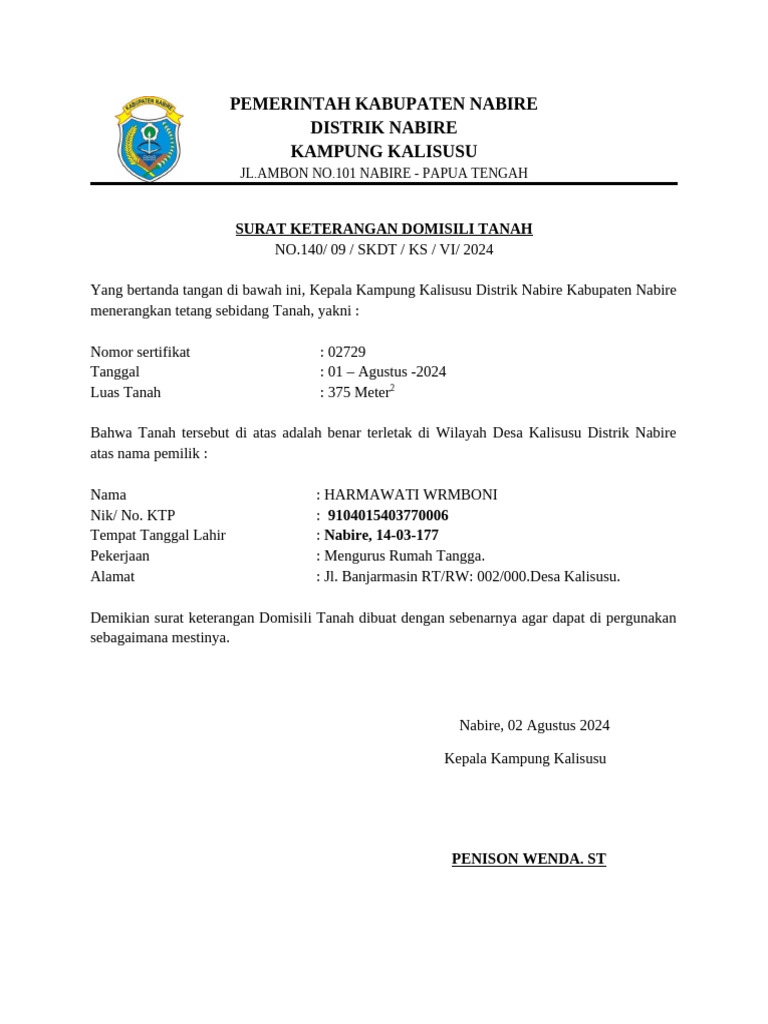 Surat Keterangan Domisili Tanah | PDF