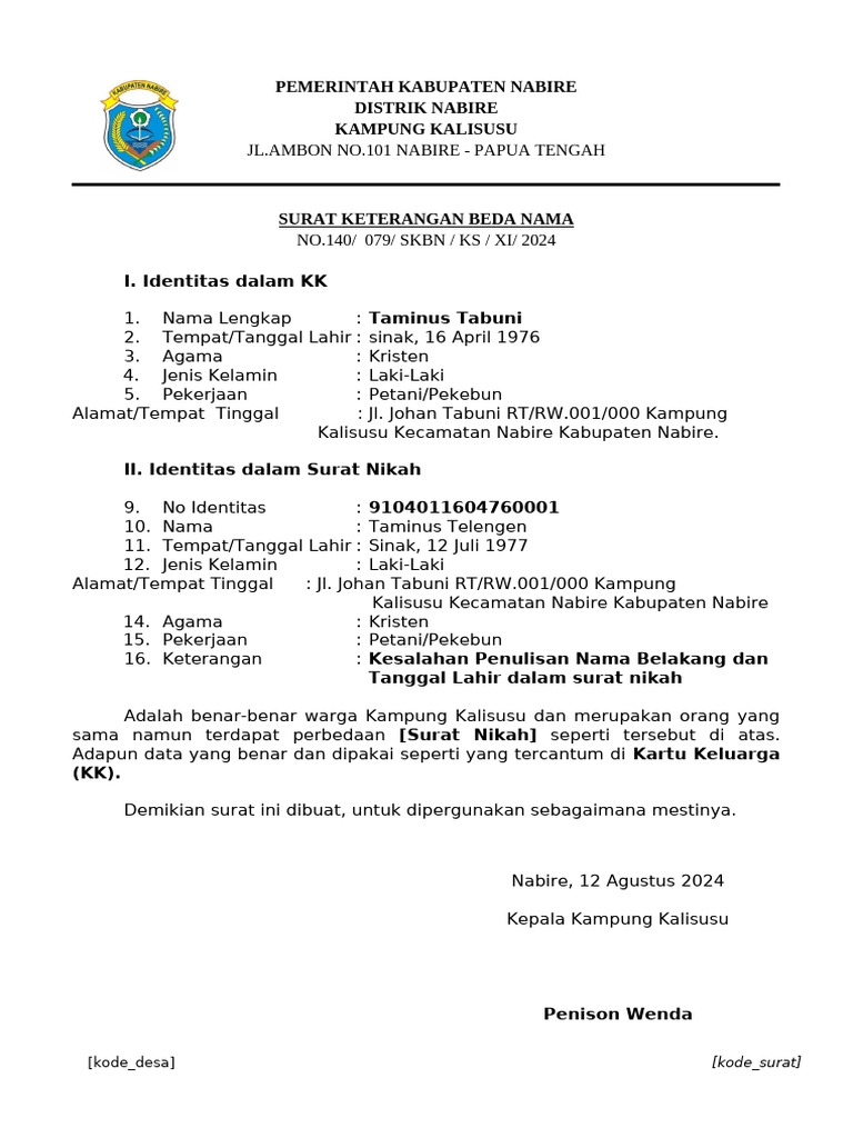 Surat Ket Beda Nama | PDF