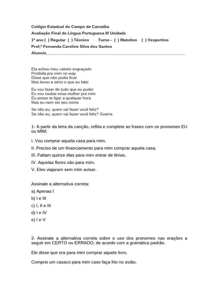 Avaliação Primeiro Ano - CECC | PDF