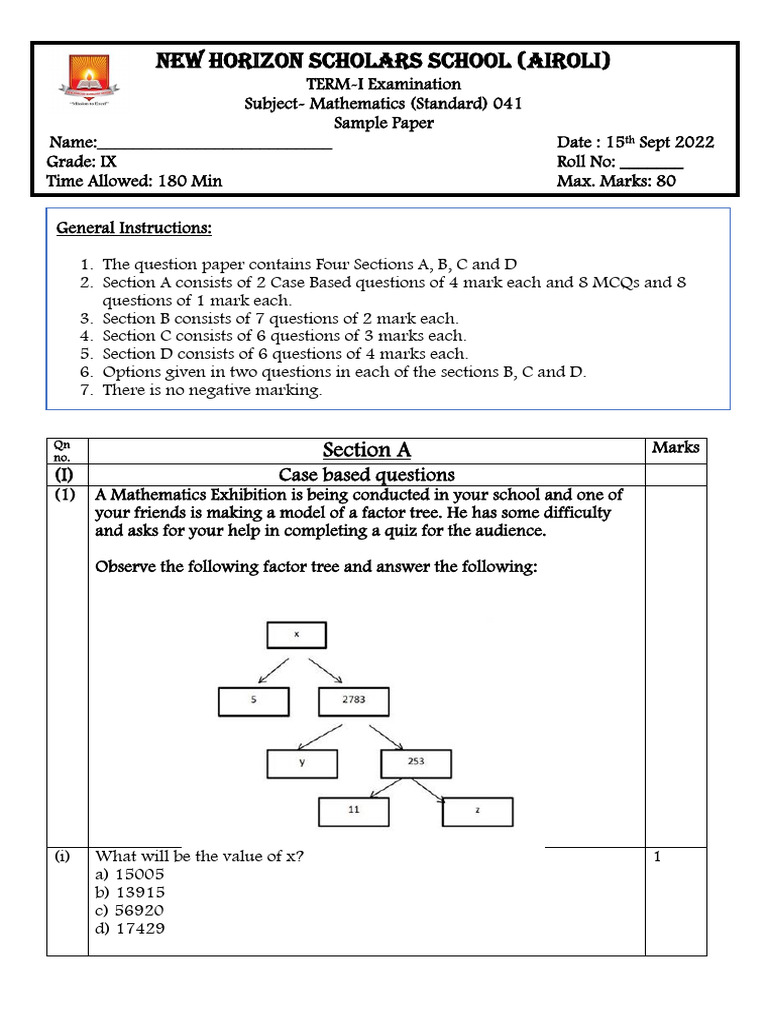 Grade - IX - SAMPLE PAPER Mathematics | PDF