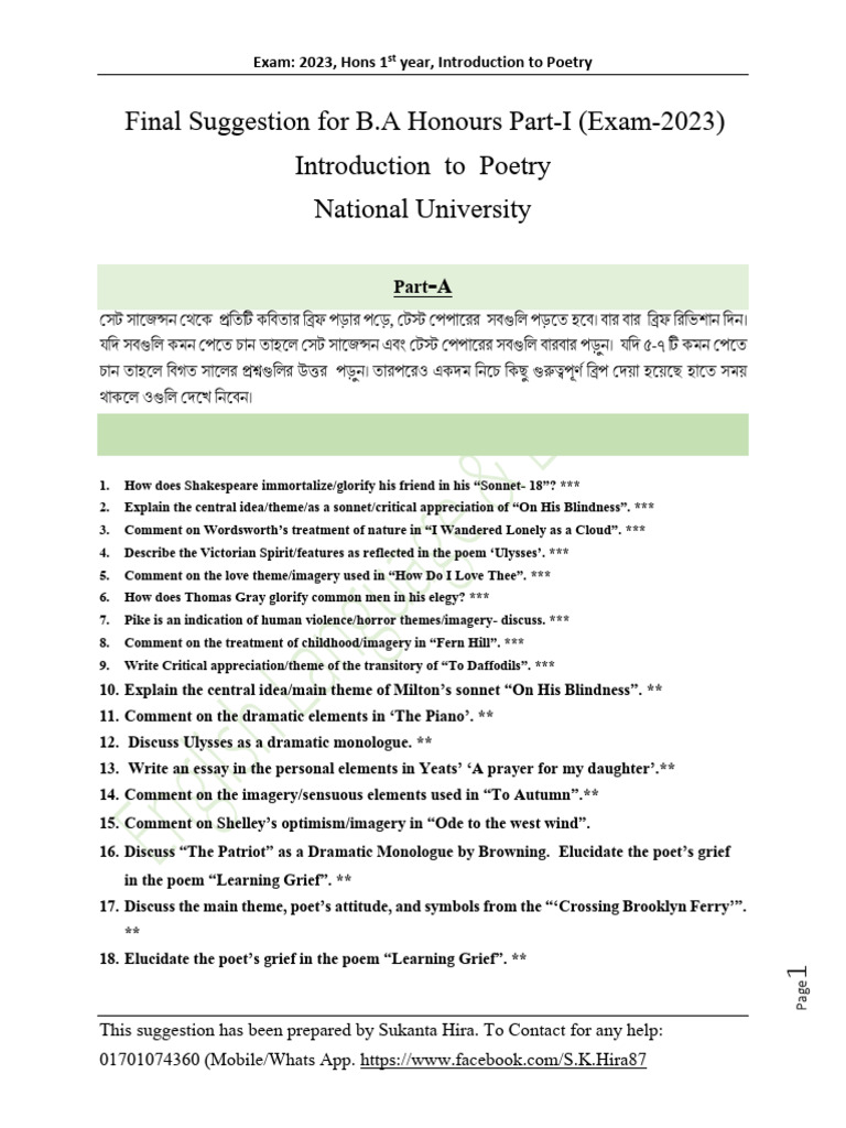 Introduction To Poetry (Suggestion-2024) - Exam - 2023 | PDF