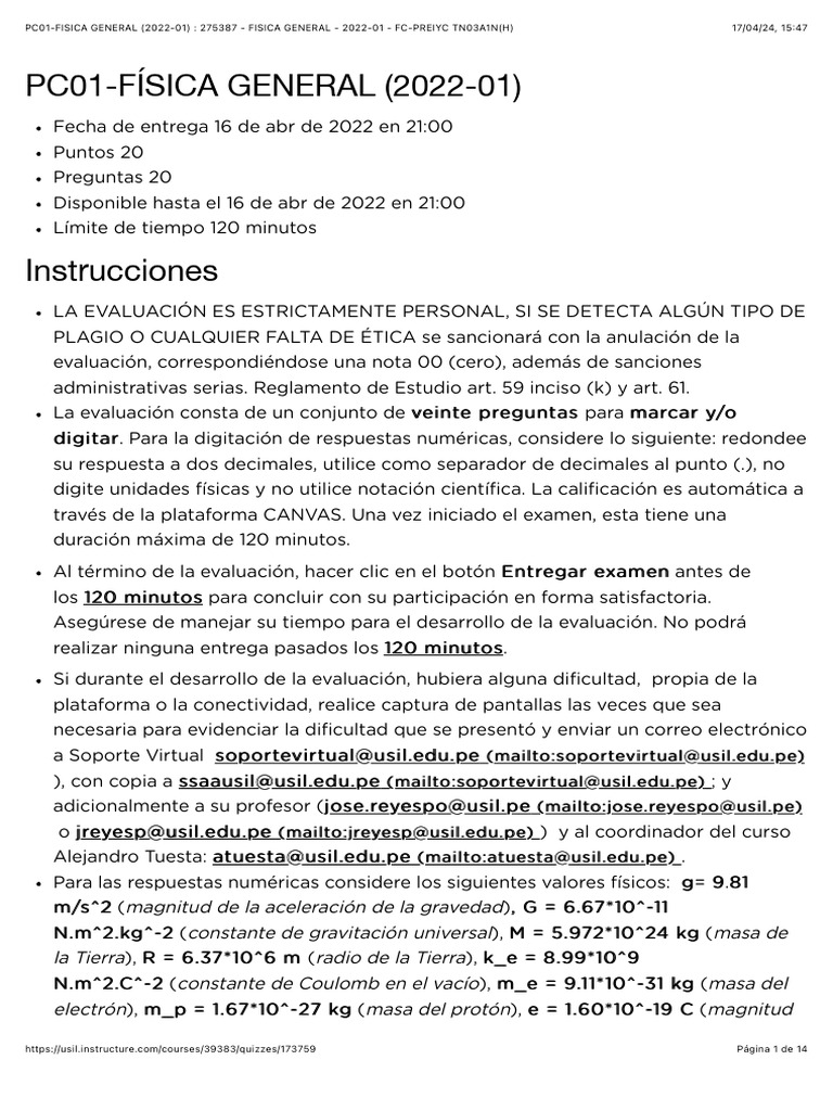 Pc01-Física General (2022-01) 275387 - Física General - 2022-01 - Fc-Preiyc Tn03a1n (H) | PDF