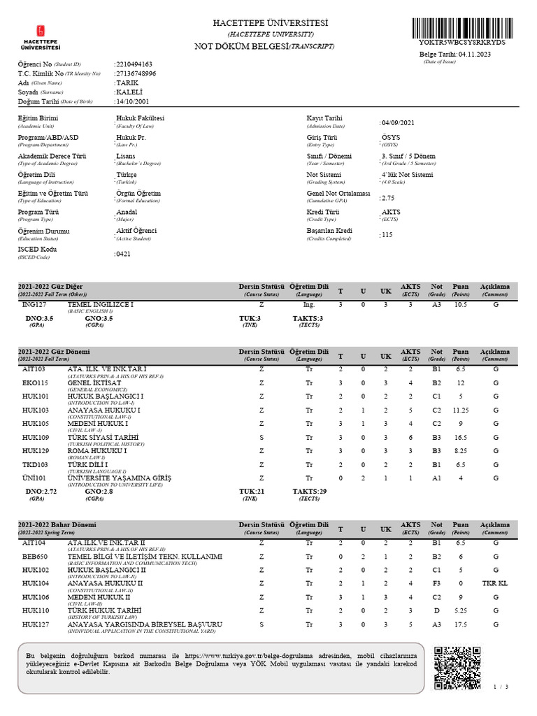 Yuksekogretim Kurulu Transkript Belgesi Sorgulama | PDF