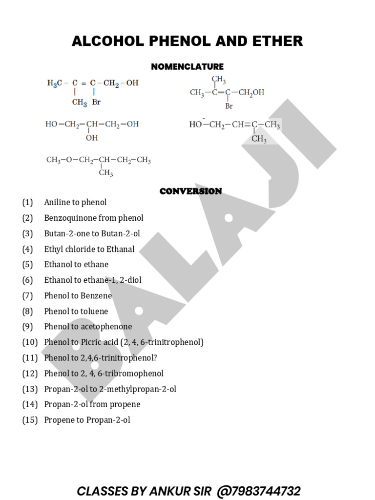 Alcohols Phenools and Ethers Worksheet | PDF