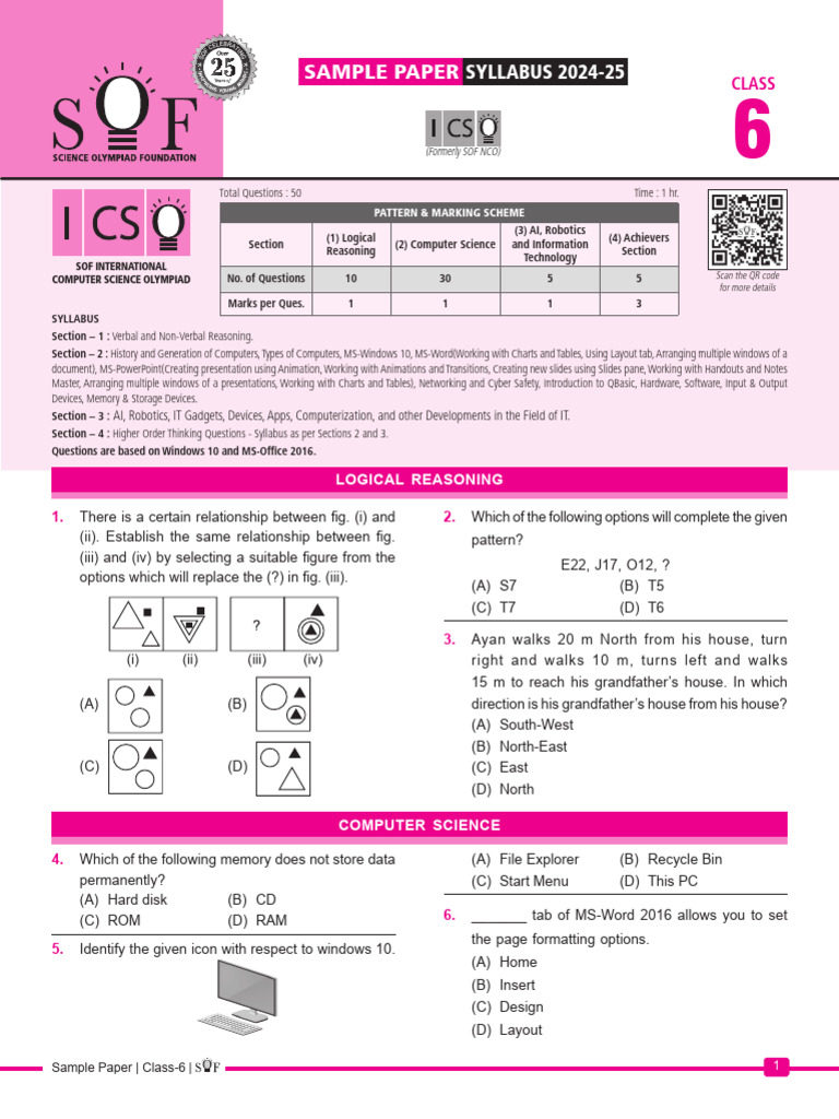 Icso Sample Paper Class-6 2024-25 | PDF | Operating System | Computer ...
