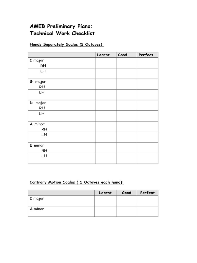 Ameb Preliminary Piano Technical Work Checklist | PDF