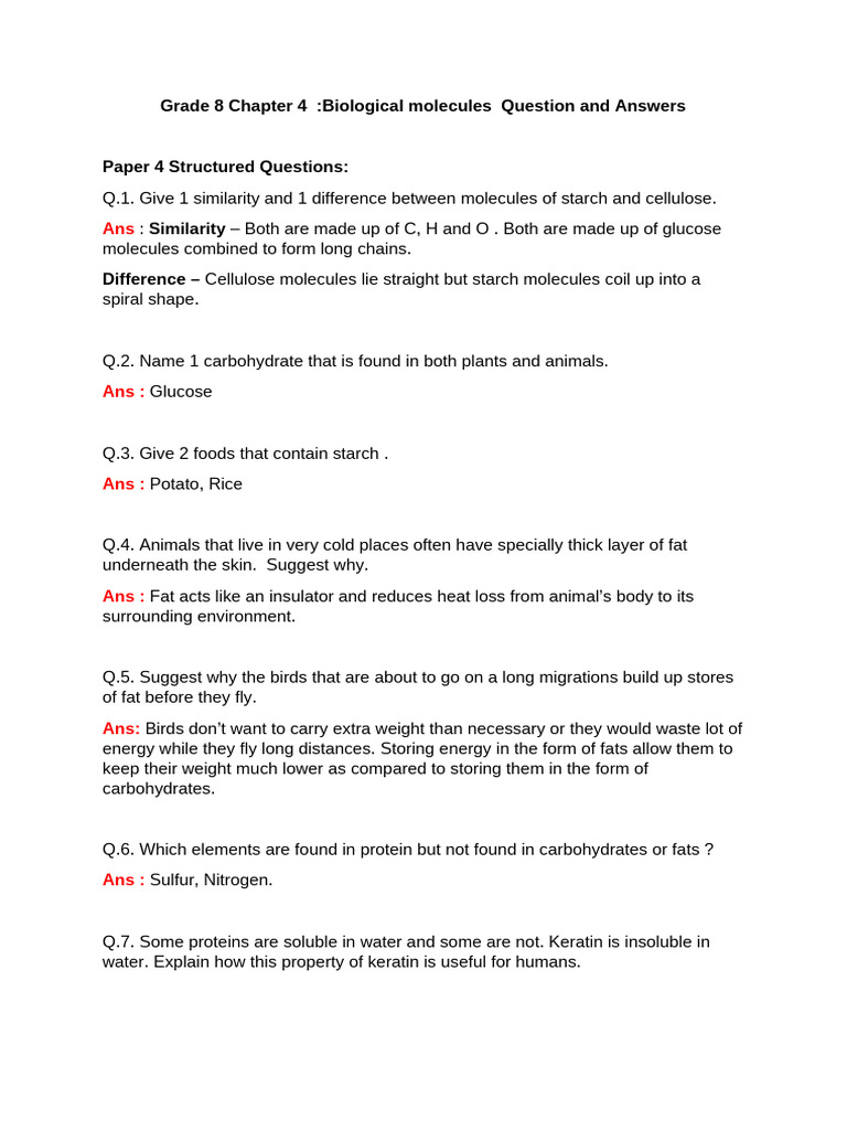 Grade 8 Biology Chapter 4 Biological Molecules Question and Answers | PDF