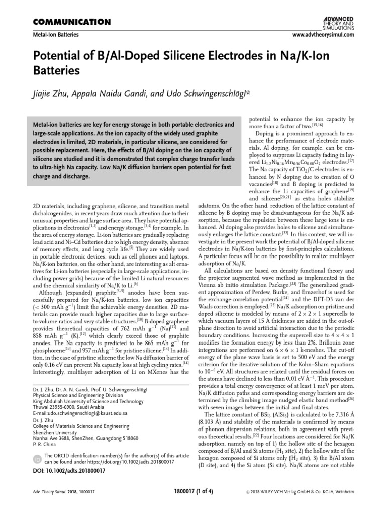 Zhu Et Al-2018-Advanced Theory and Simulations-Batteries | PDF