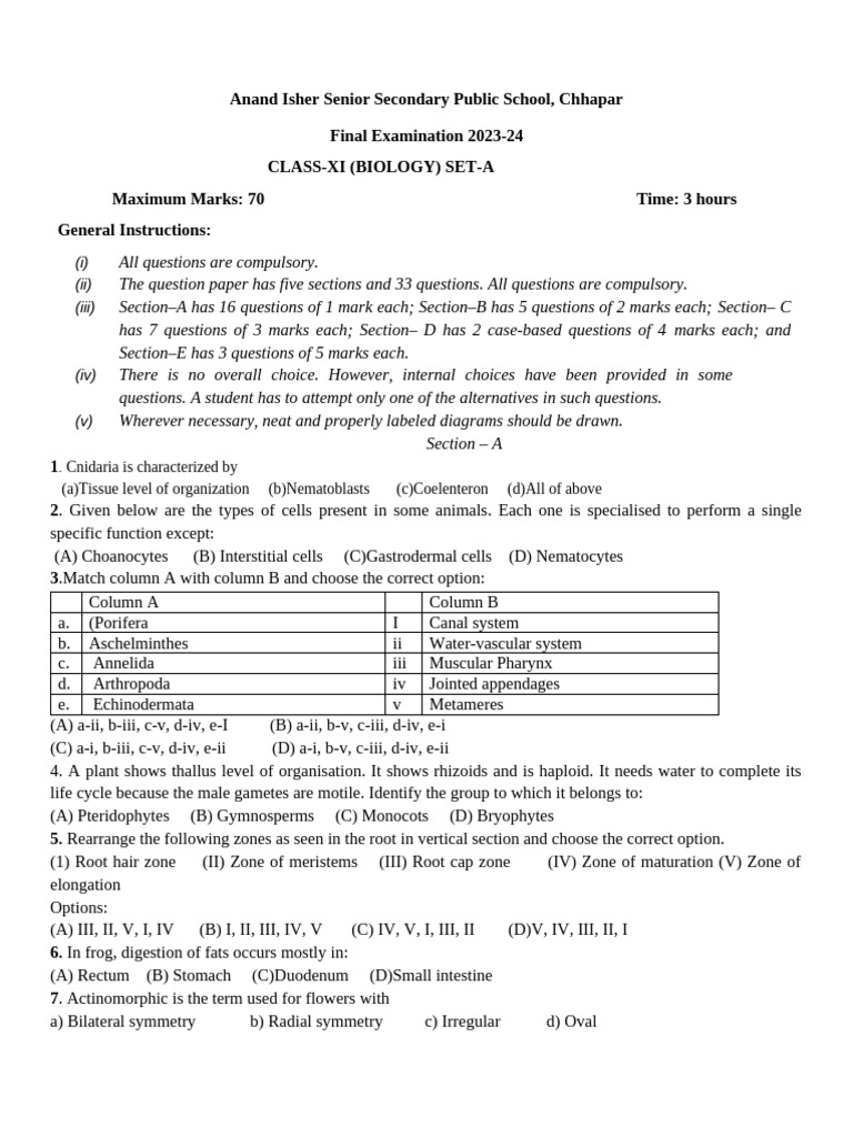 Question Paper +1 Bio Set - A | PDF
