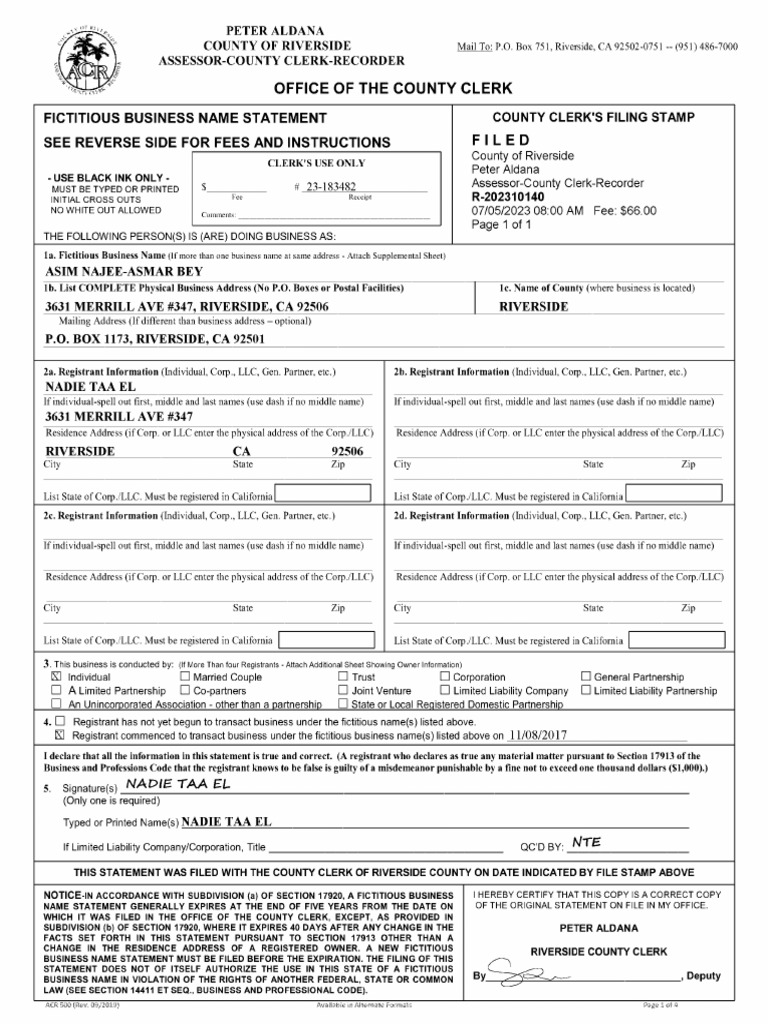 ®fictitious Business Name (R-202310140) Asim Najee-Asmar Bey | PDF