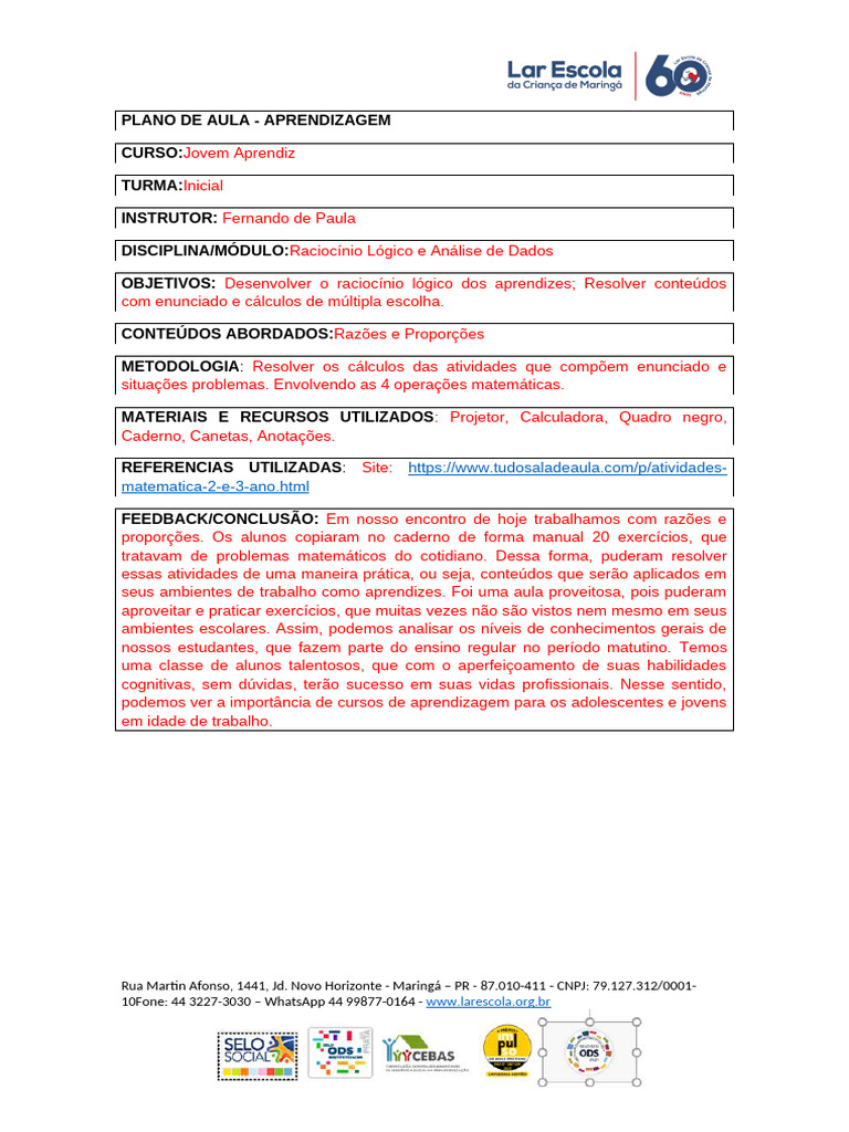 Plano de Aula 0307 | PDF