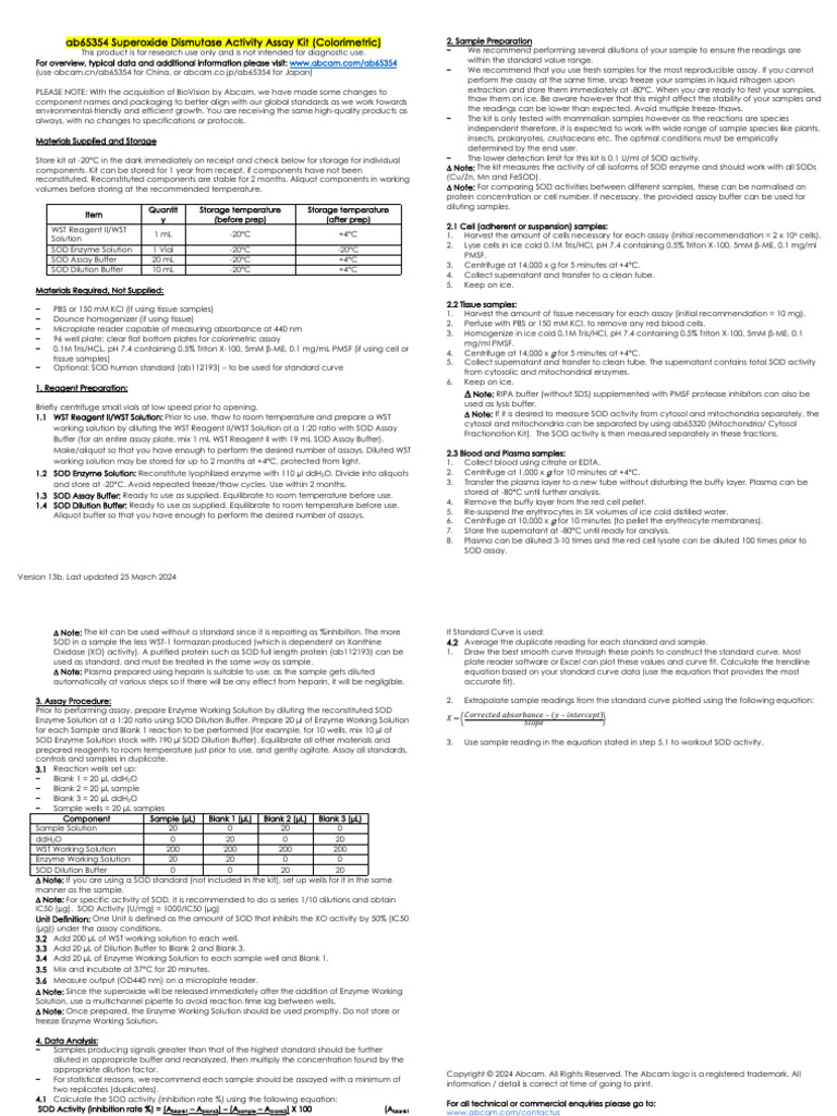 SOD Abcam Ab65354 24.07.30 Protocol Book | PDF