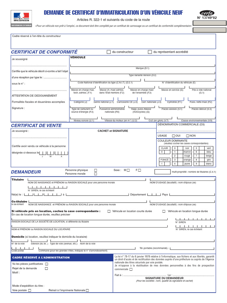 Demande Certif Immat Neuf Cerfa - 13749 02 Remplissable | PDF