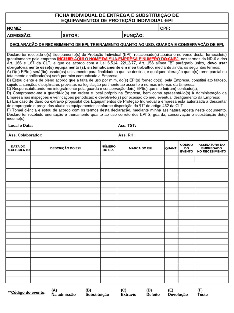 Ficha Epi Modelo Word Editavel Pdf